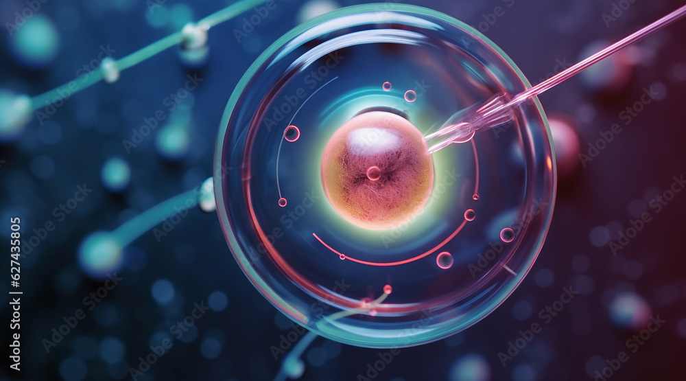 IVF, In vitro fertilisation. Fertilized egg cell and needle realistic ...