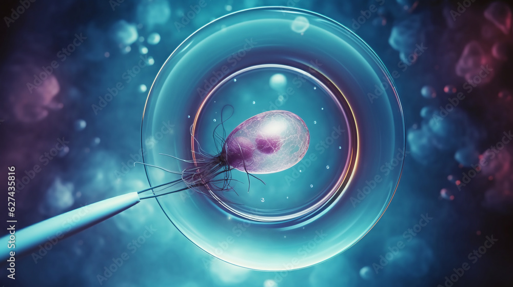 IVF, In vitro fertilisation. Fertilized egg cell and needle realistic ...