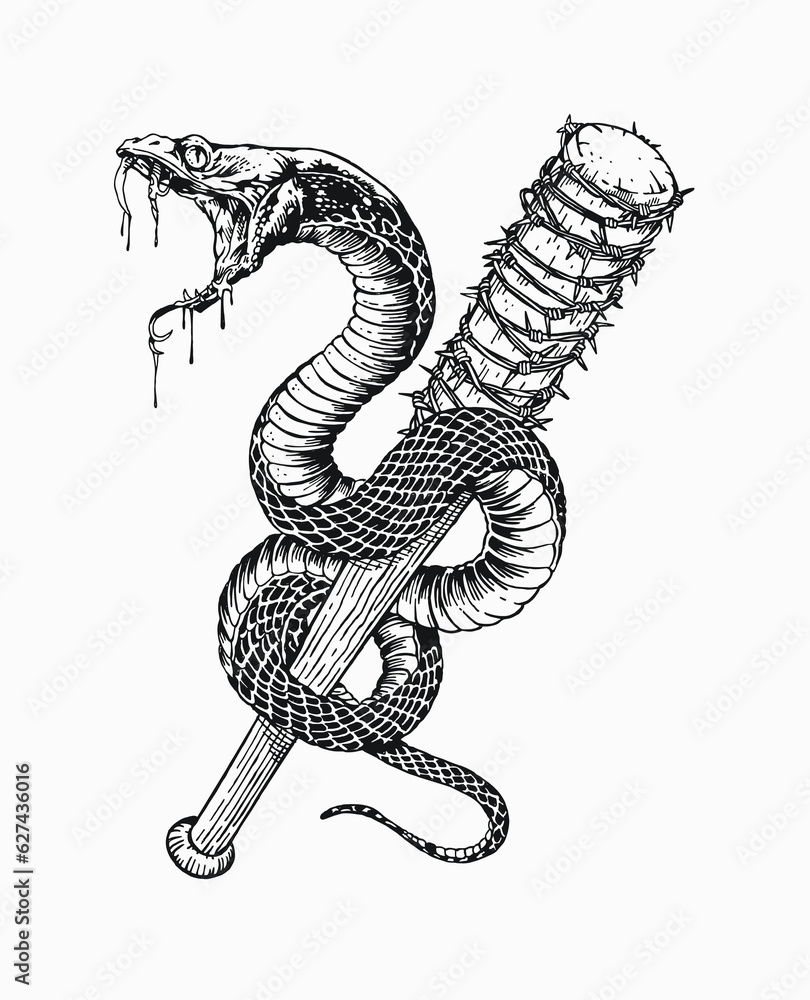 Handmade vector illustration of a snake wrapped around a baseball bat ...