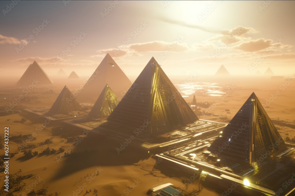 Futuristic ancient egyptian city with huge pyramids and high tech ...