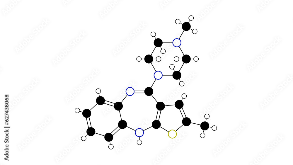 olanzapine molecule, structural chemical formula, ball-and-stick model ...