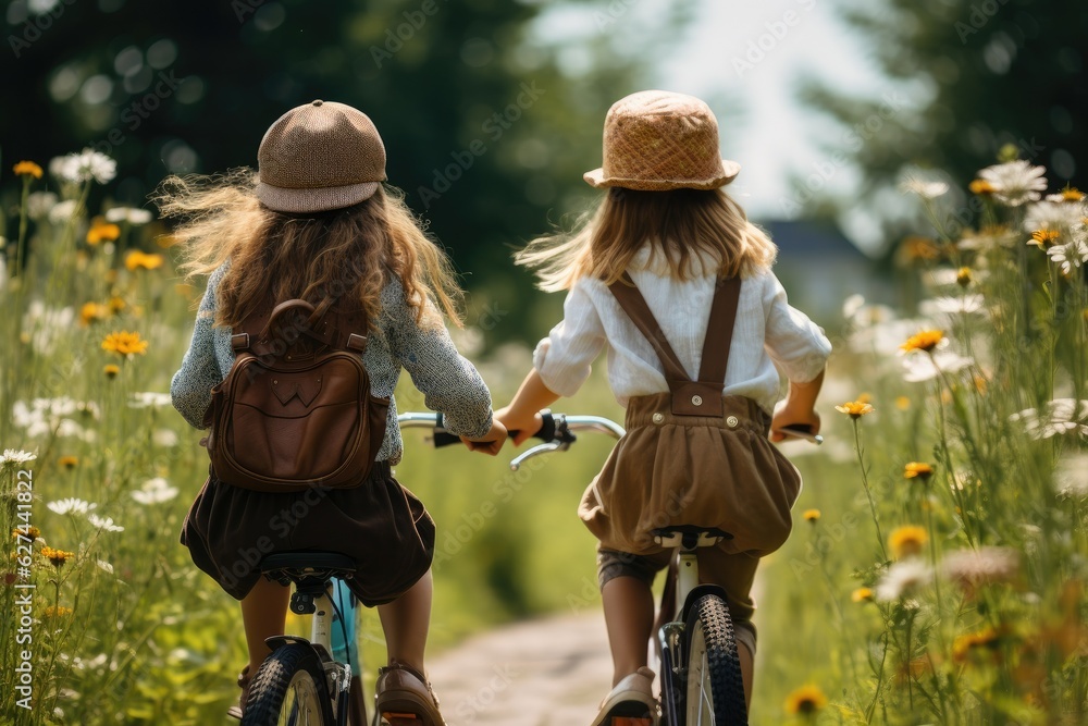 Back view of kids riding bikes, kids on bikes, kids character template ...