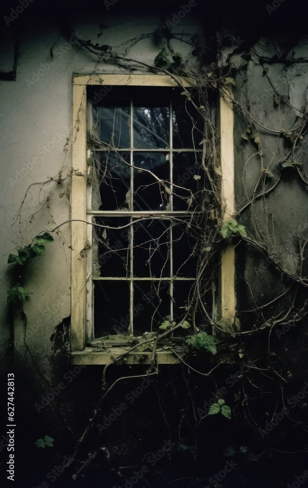 abandoned old house exterior. cracked old window with roots, ivy and ...