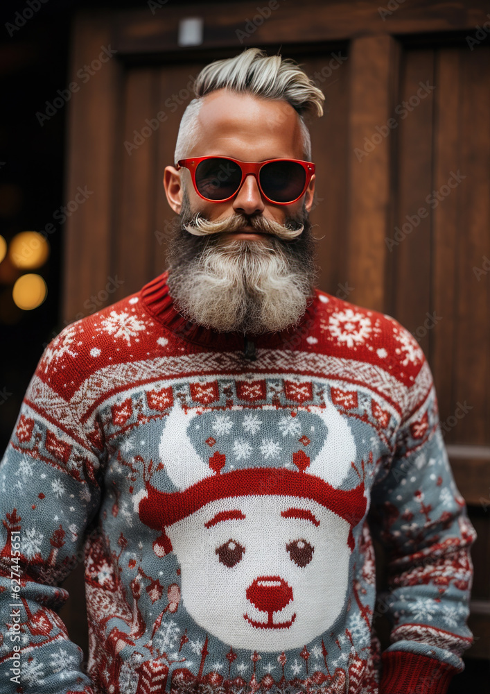 Man wearing an ugly Christmas sweater Stock Photo | Adobe Stock