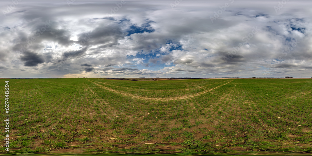 spherical 360 hdri panorama among green grass farming field with clouds ...