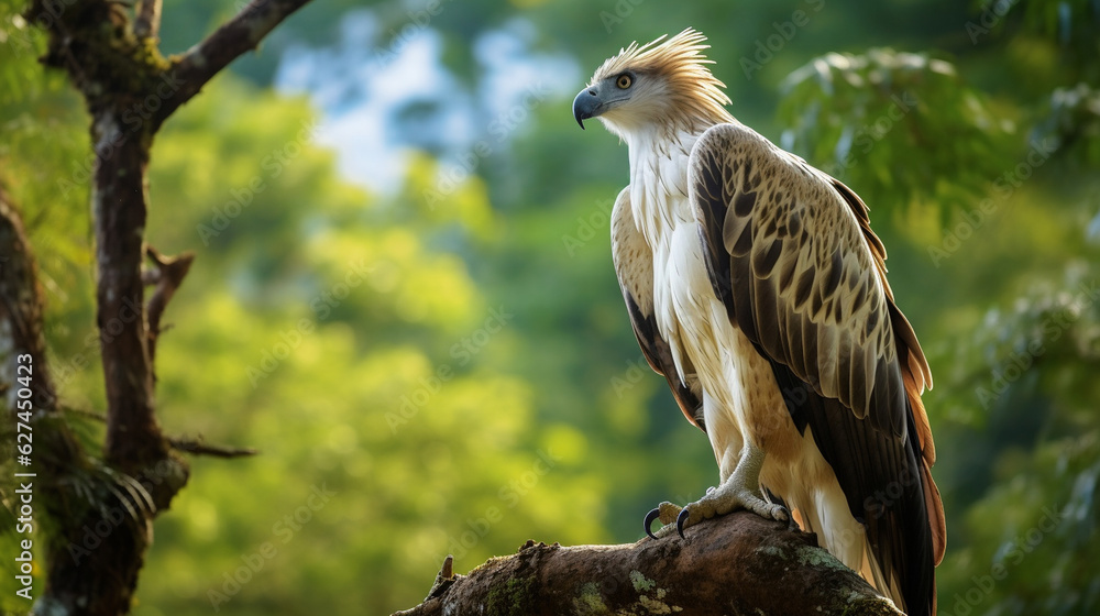 A magnificent Philippine Eagle perched atop a tall tree, surveying its ...