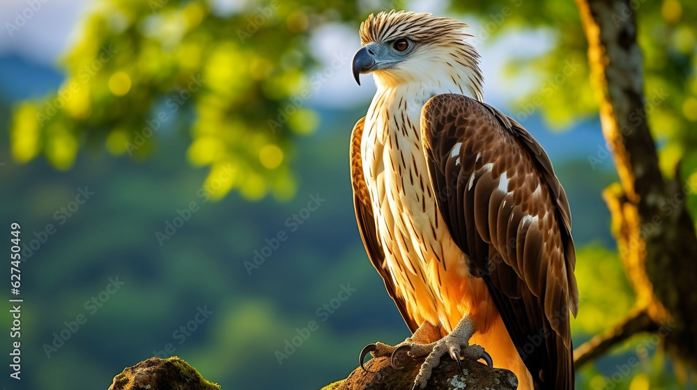 A magnificent Philippine Eagle perched atop a tall tree, surveying its ...