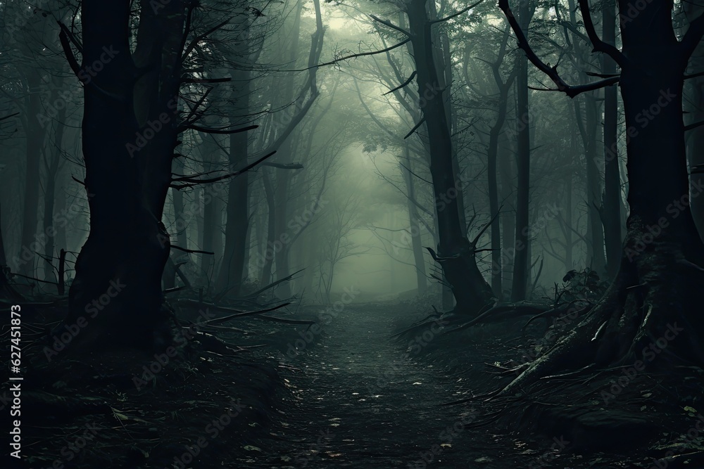 Mystical dark forest with fog. Horror Halloween concept. 3D Rendering, A dark forest with lots ...
