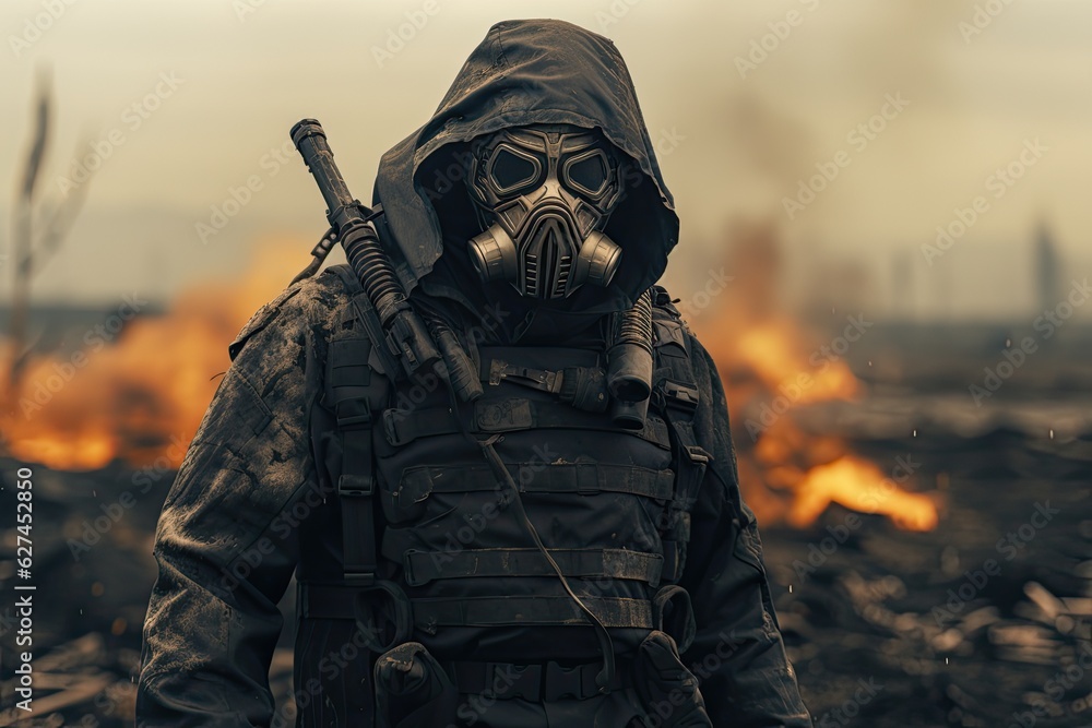 Portrait of a special forces soldier in a gas mask on the battlefield ...