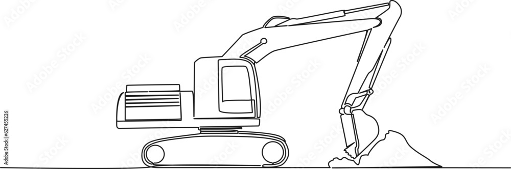 continuous single line drawing of excavator, line art vector ...