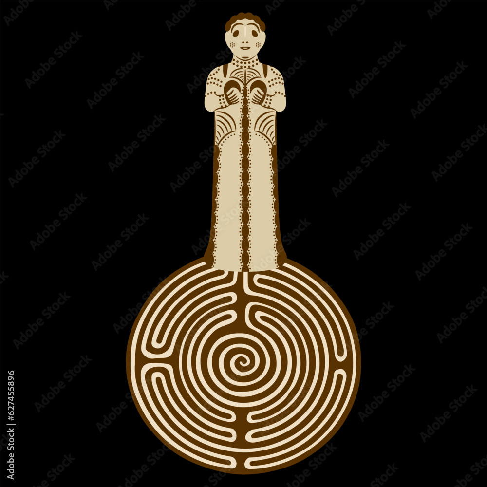 Ariadne. Figurine of Mycenaean mother goddess on top of a round spiral ...
