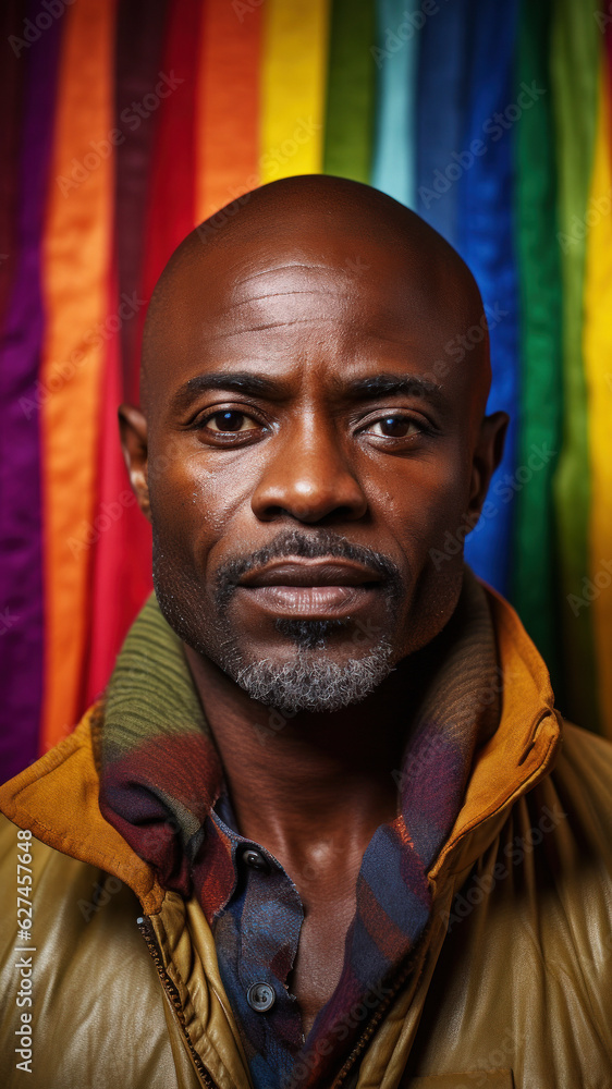 Portrait of multi ethnic man on the ranbow flag background. The image ...