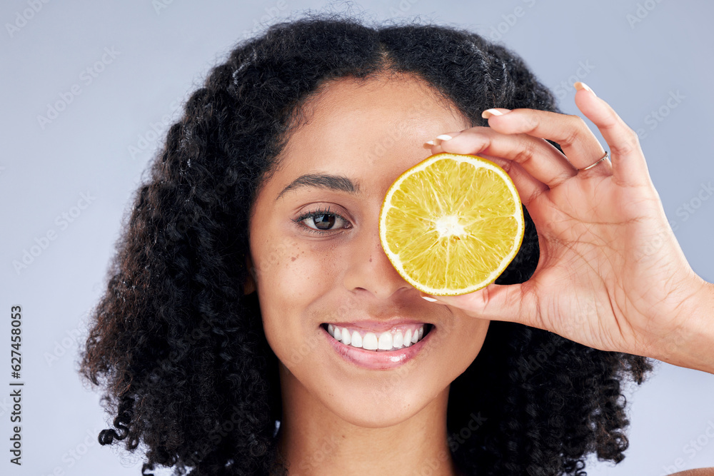 Skincare, smile and lemon eye for nutrition or fruit with glow in grey ...