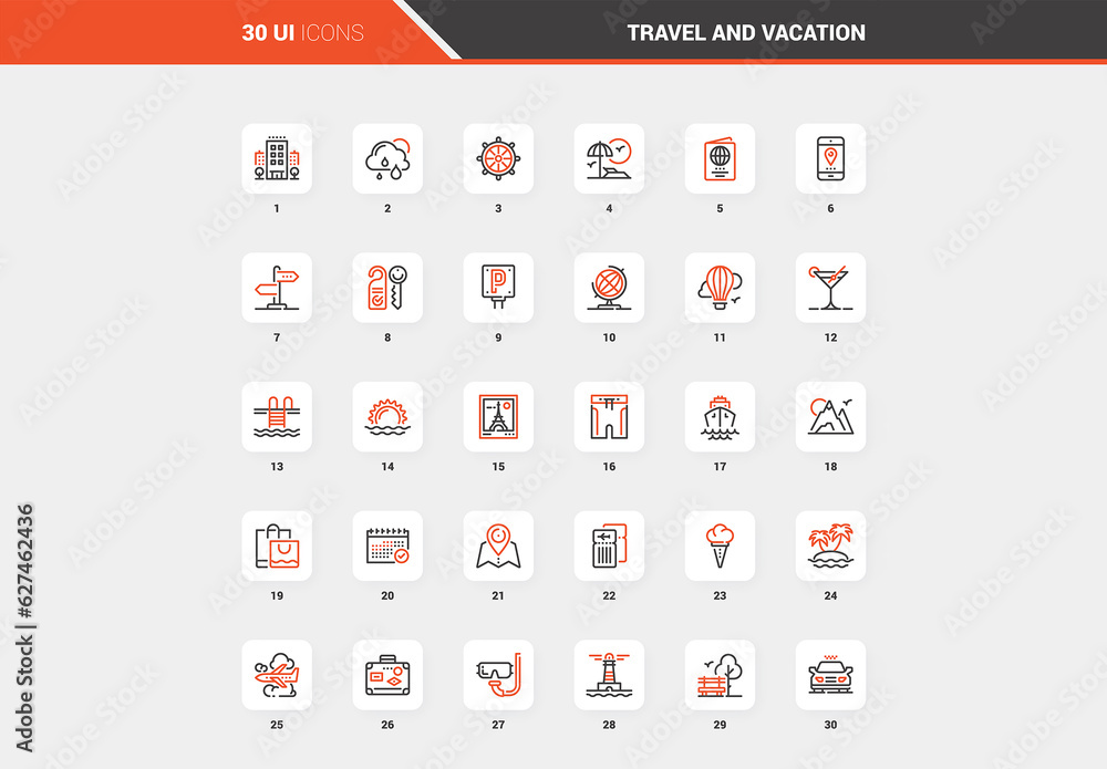 Vector set of travel and vacation flat line web icons. Each icon with ...
