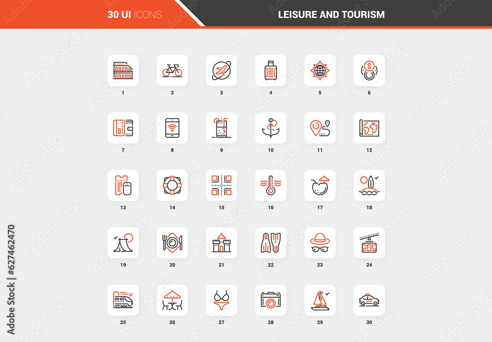 Vector set of leisure and tourism flat line web icons. Each icon with ...