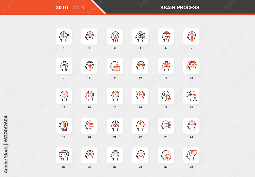 Vector set of thinking and brain process flat line web icons. Each icon ...