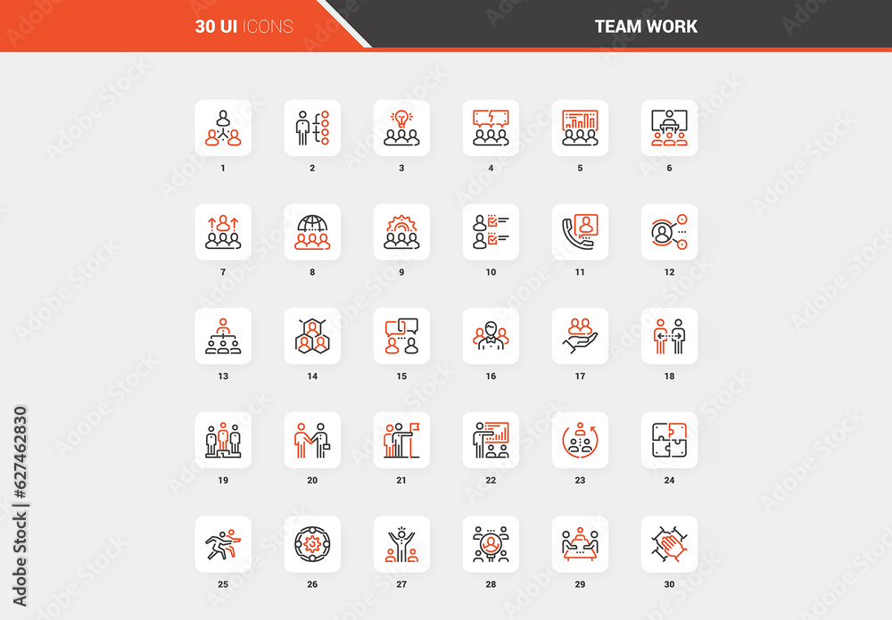 Vector set of team work flat line web icons. Each icon with adjustable ...