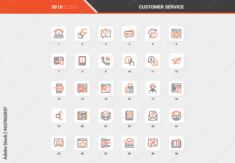 Vector set of customer service flat line web icons. Each icon with adjustable strokes neatly ...