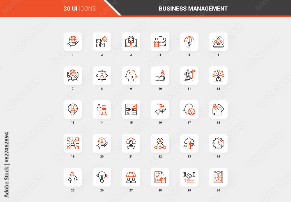 Vector set of business management flat line web icons. Each icon with ... Vector set of business management flat line web icons. Each icon with ...