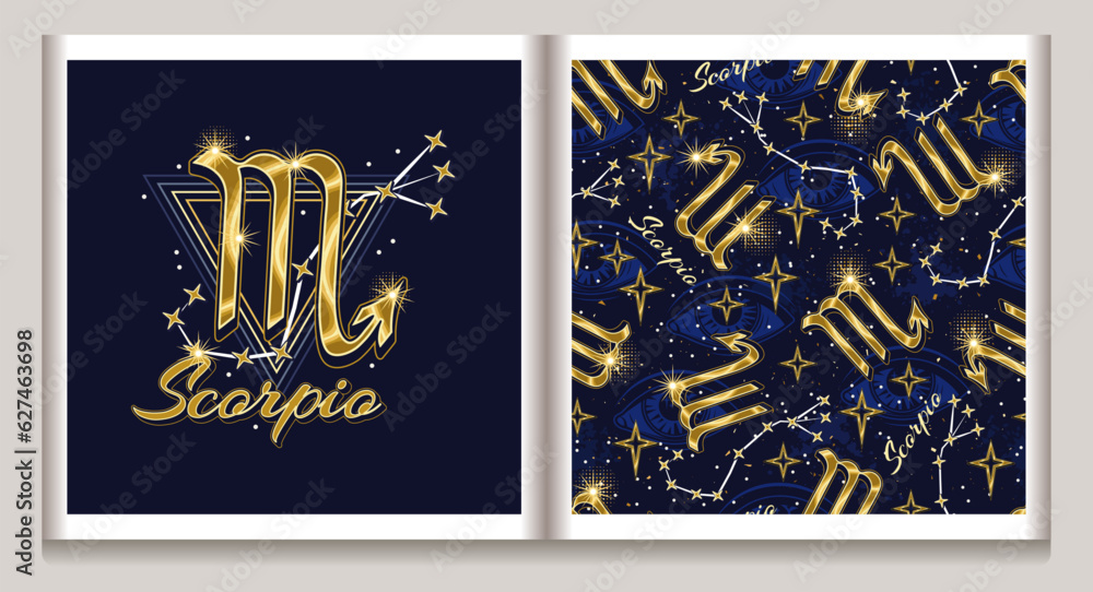 Pattern, label with gold icon of zodiac sign Scorpio, constellation ...