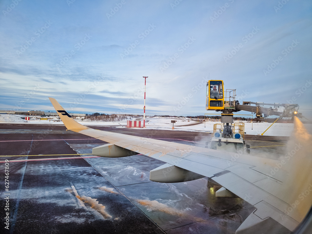 Helsinki, Finland - March 11, 2023: View from inside Finnair airplane ...