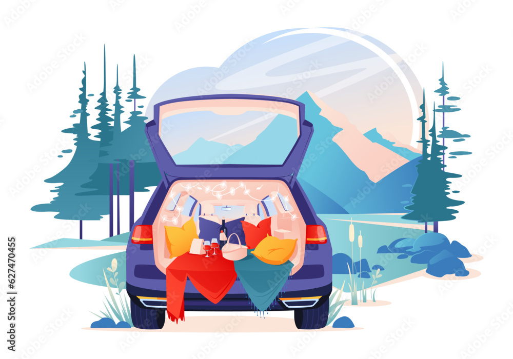 Vector illustration on traveling theme. Picturesque landscape with ...
