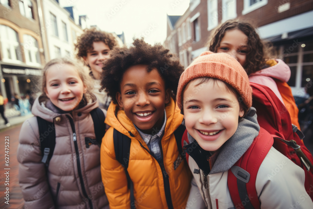 Portrait of a group of children going back to school . Child wearing a ...