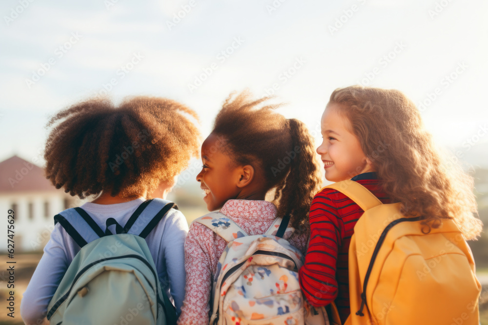 Group of children going back to school . Child wearing a backpack ready ...