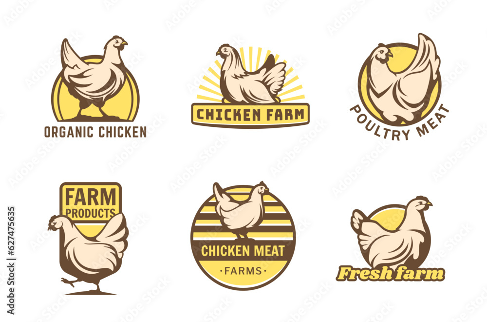 Vetor de Chicken farm icons of hen for poultry meat market and ...
