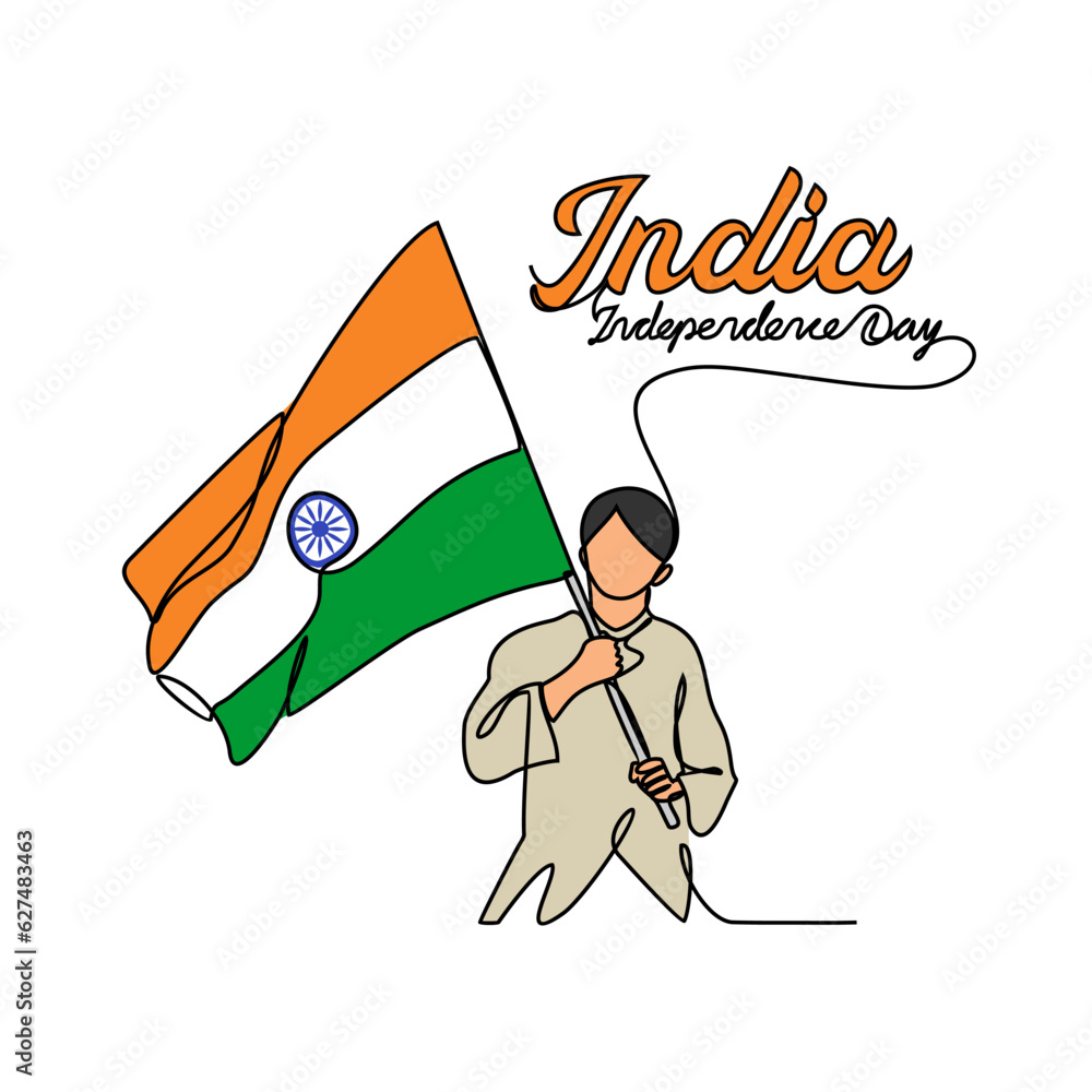 One continuous line drawing of India Independence Day with white ...