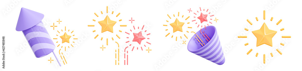 3D Set of Festive Firecracker emoji. Explosion fireworks. Birthday and ...
