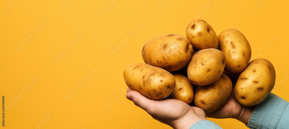 Potatoes on yellow background with space for text. Full female handful ...