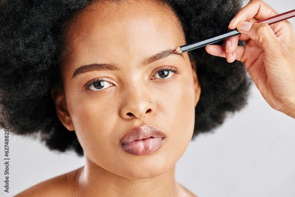 Portrait, african woman and beauty with eyebrows in grey studio ...