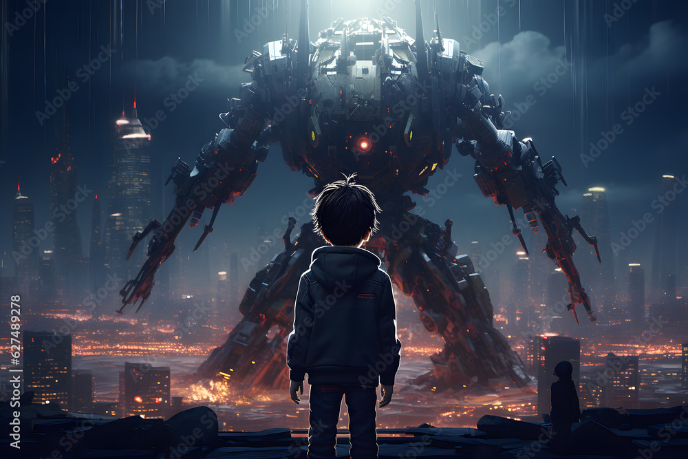 Little kid and giant evil robot face to face, destroyed urban city in ...