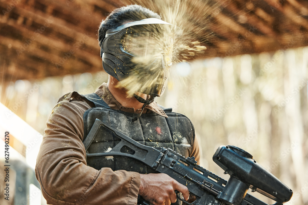 Paintball gun, man and splash on mask, shooting and target with attack ...