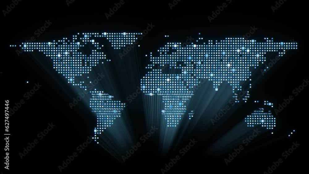 abstract tech animation of holographic earth map projection rays and ...