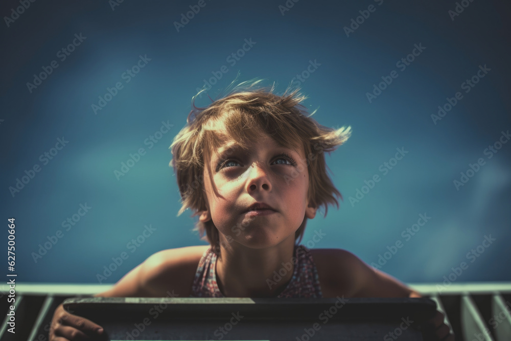 A daring boy jumps from a high diving board determination radiating ...