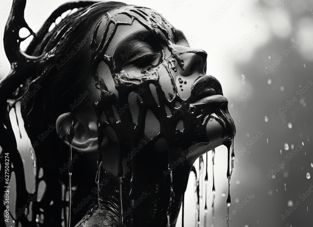 Dark black and white photo of a horrifying woman with drip painting on ...