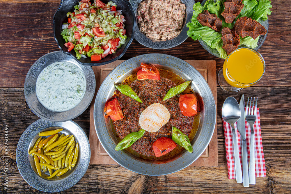 Turkish Food Et Kavurma. Meat Saute Turkish Et sote on black ground ...