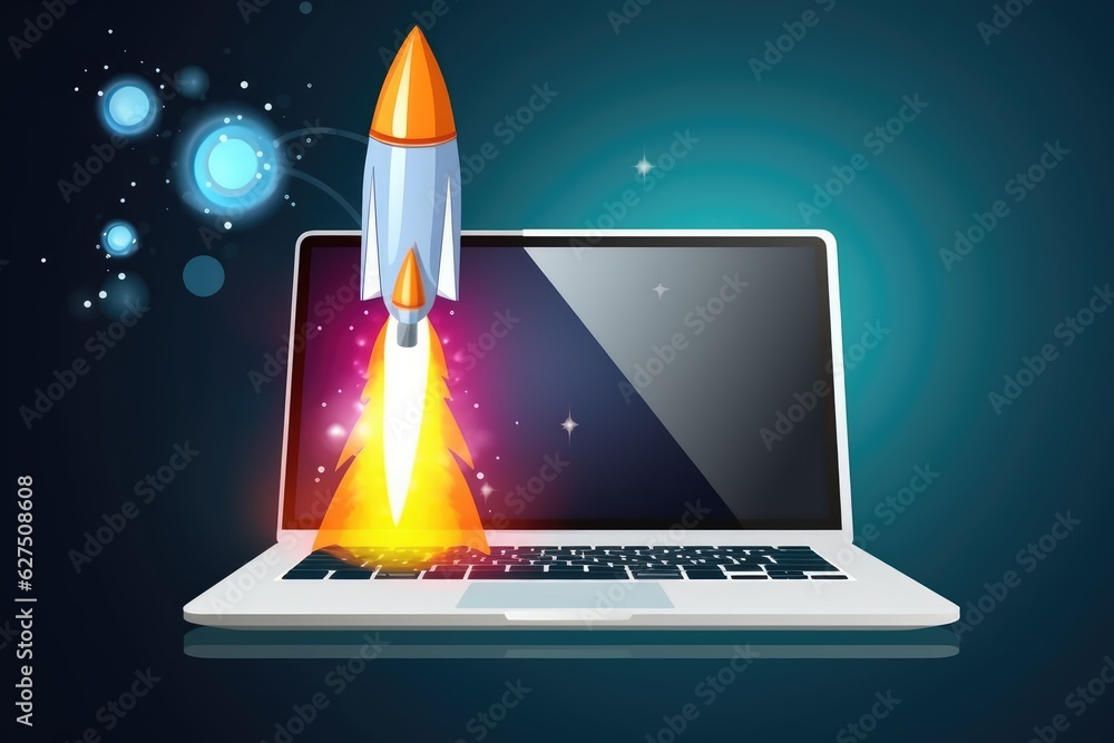 Rocket launch on laptop cartoon art flying rocket icon background Stock ...
