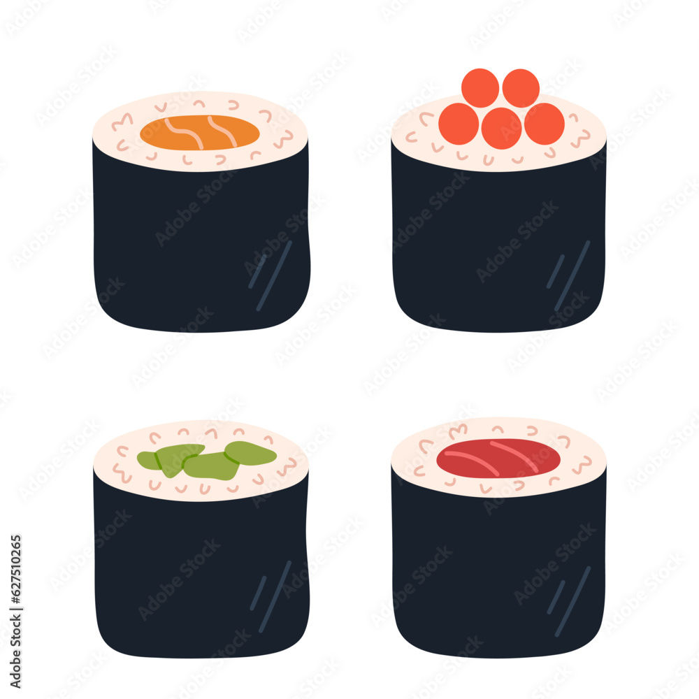 Sushi rolls set. Sake maki, Ikura maki, Kappa Maki and Tuna (Maguro ...