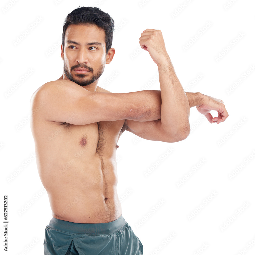 Health, fitness and man stretching arm for flexibility isolated on a ...