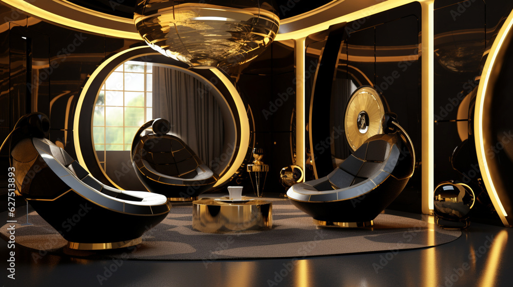 Futuristic rooms in large, luxurious and illuminated spaces. Futuristic ...