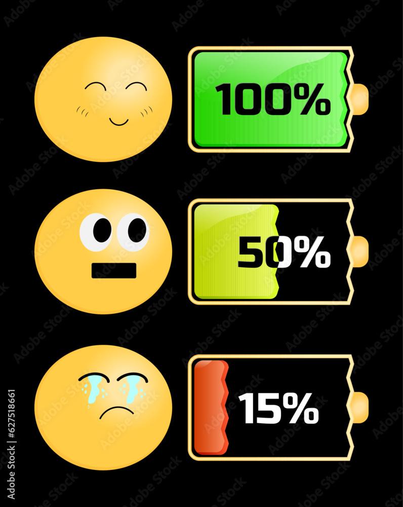 Battery icon set. Battery Emoticon indicator from full to low emoticons ...