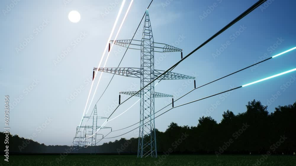 Panning shot of electrical grid delivering high voltage electricity ...