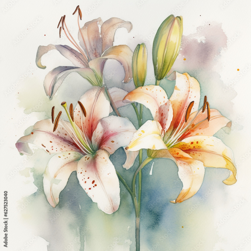 Watercolor lillies bunched together in a boquet neat painting with ...