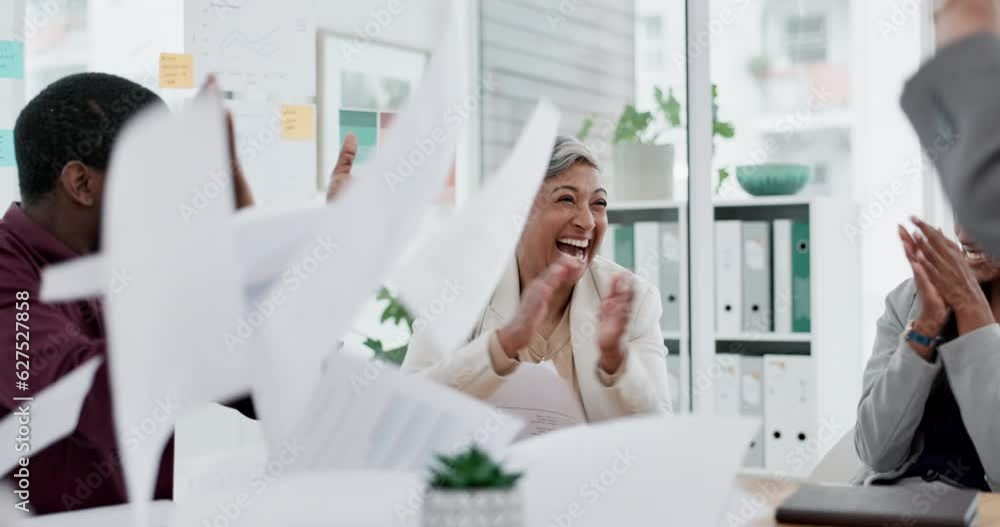 Happy business people, documents and applause for achievement, finish ...