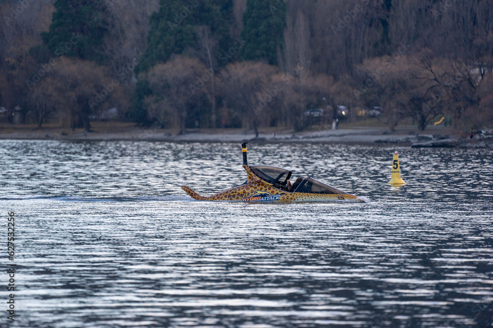 Shark Ride boat in the water of Lake Wakatipu. Submersible boat can ...