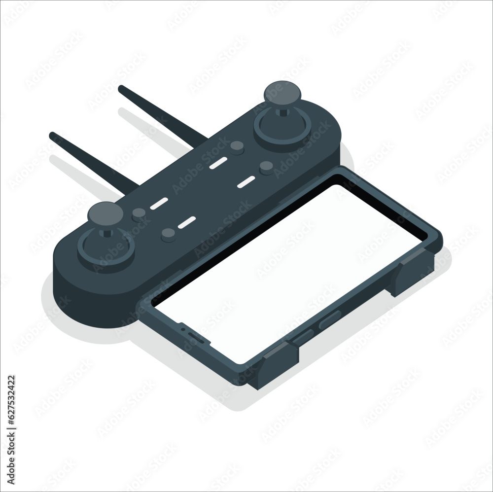Black remote control panel on controls for drone. Top view on white ...