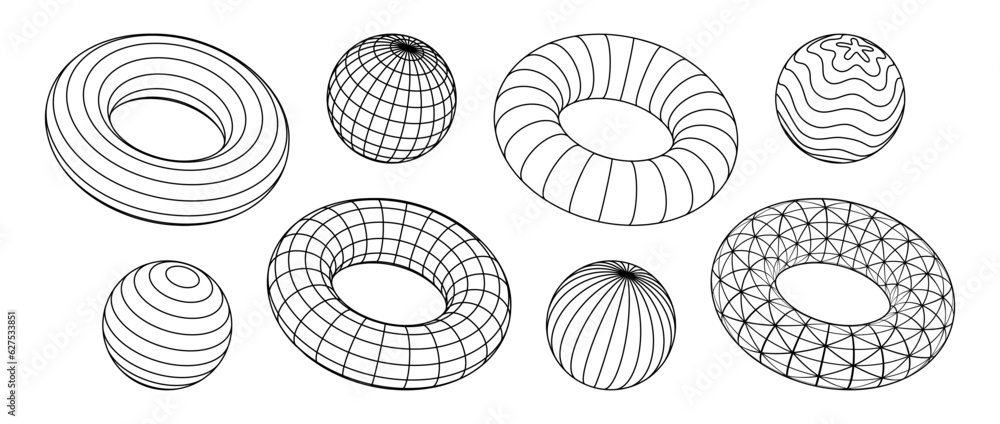 Wireframe torus and spheres collection. 3d outline grid shapes with ...